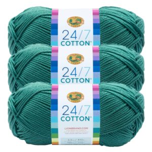 lion brand 24/7 cotton yarn, yarn for knitting, crocheting, and crafts, jade, 3 pack