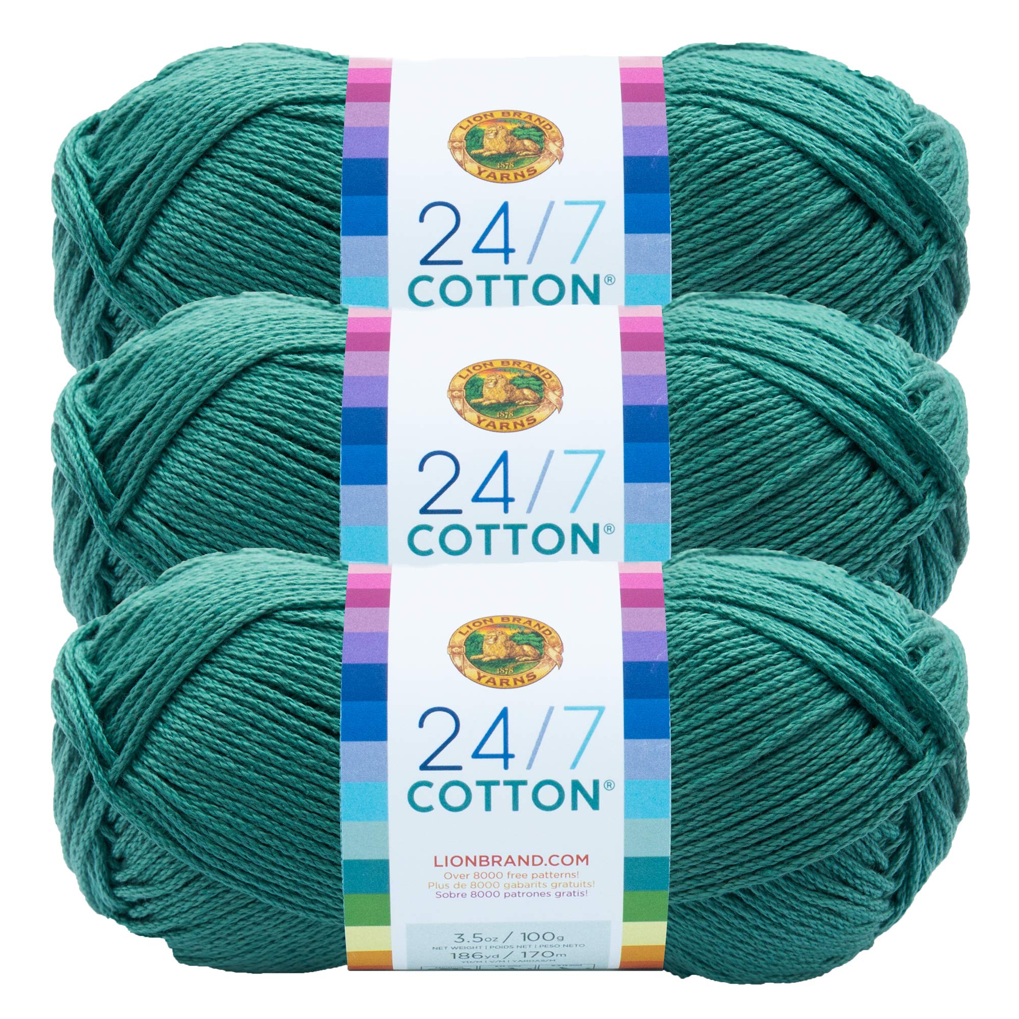 Lion Brand 24/7 Cotton Yarn, Yarn for Knitting, Crocheting, and Crafts, Jade, 3 Pack