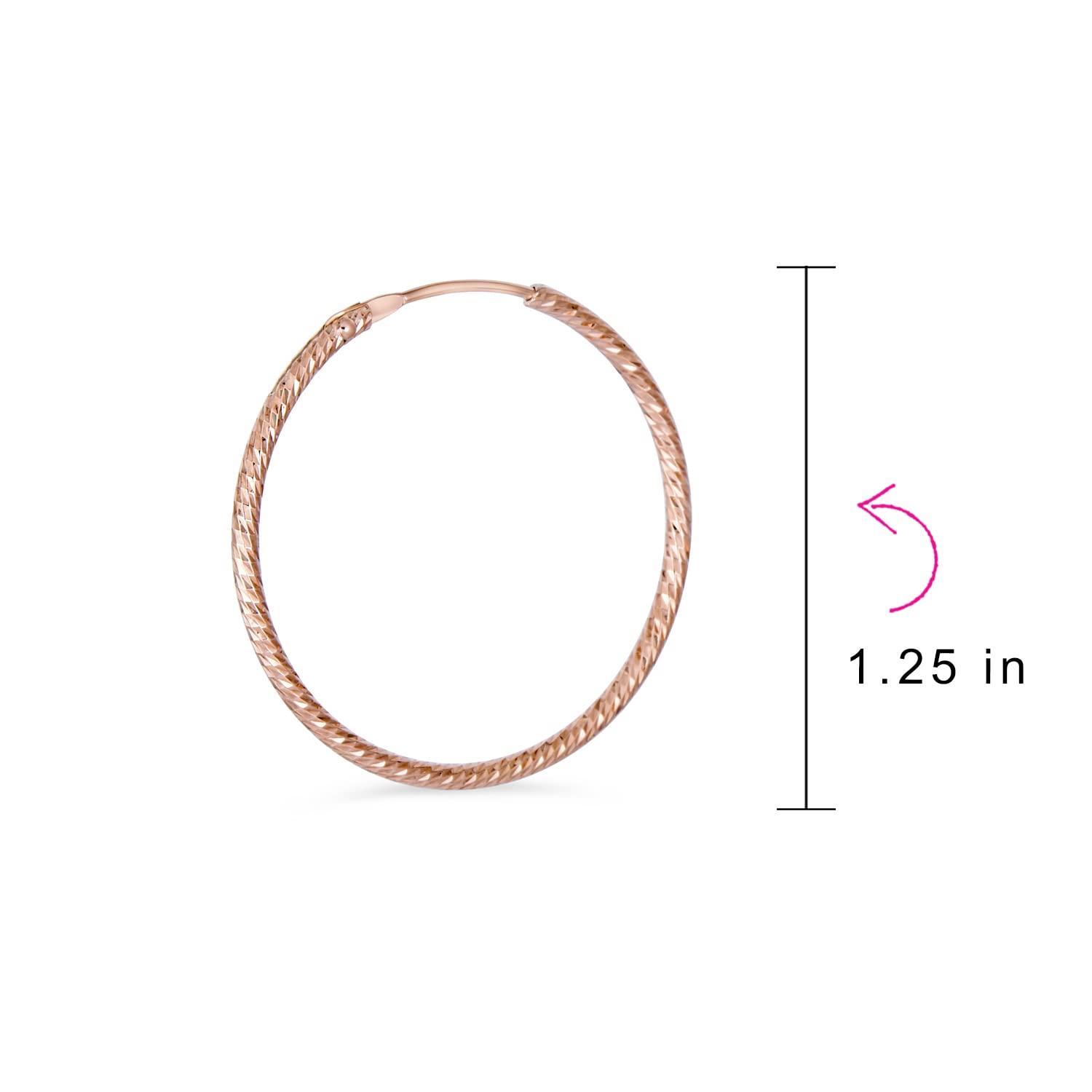 Lightweight Round Thin Endless Continuous Diamond Cut Twist Hoop Earrings For Women Teens Rose Gold Plated .925 Sterling Silver 1.25 Inches