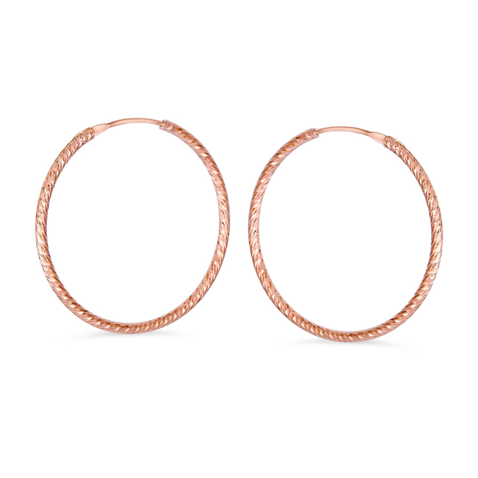 Lightweight Round Thin Endless Continuous Diamond Cut Twist Hoop Earrings For Women Teens Rose Gold Plated .925 Sterling Silver 1.25 Inches