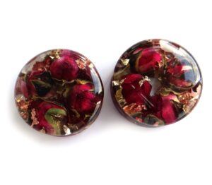 eternity31 red rose plug gold foil gauge wedding plug bridal resin flower jewelry terrarium rose 25mm / 1" / pair