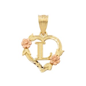 10k two-tone initial heart pendant for women in yellow and rose gold - letter l