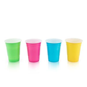 true bright party cups, disposable cups, drink cups for cocktails and beer, 16 ounce capacity, plastic, multicolor, set of 24