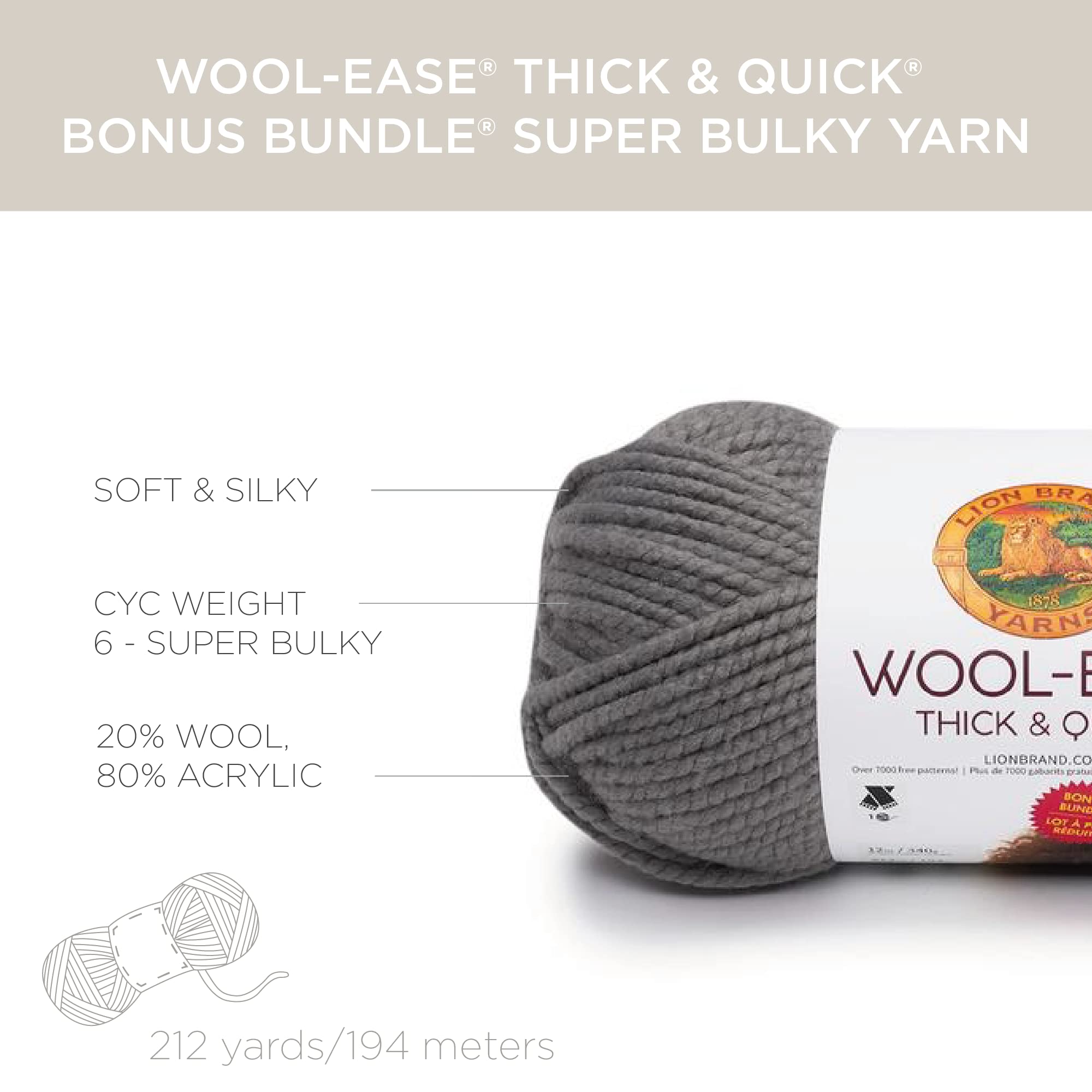 (3 Pack) Lion Brand Yarn Wool-Ease Thick & Quick Bonus Bundle Bulky Yarn, Fisherman