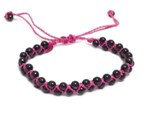 mia jewel shop hematite healing gemstone crystal beaded macramé braided string adjustable pull tie bracelet - handmade jewelry boho accessories (pink)