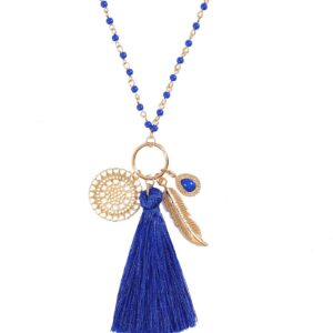 Long Necklaces Bohemia Tassel Leaf Teardrop Disk Circle Pendant necklace For Women Y Shaped Necklace Sets (Royal blue)