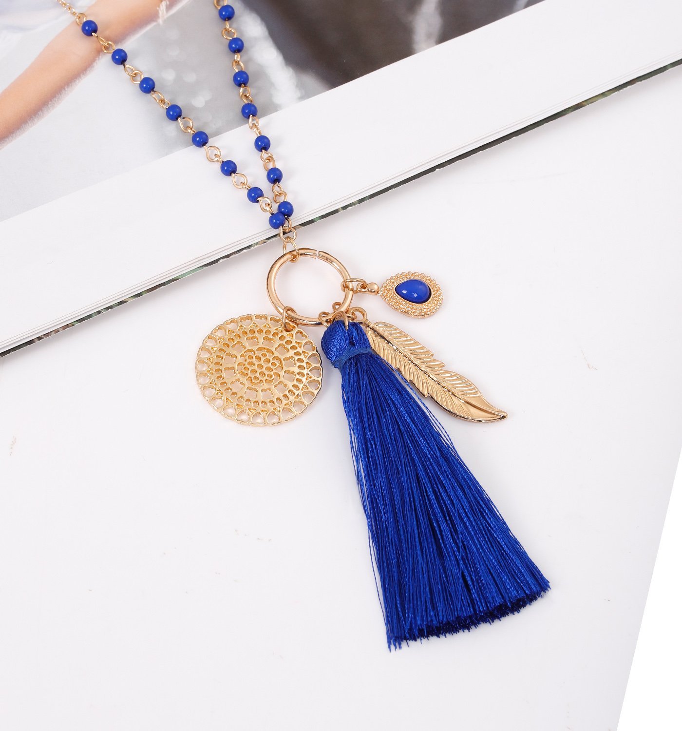 Long Necklaces Bohemia Tassel Leaf Teardrop Disk Circle Pendant necklace For Women Y Shaped Necklace Sets (Royal blue)