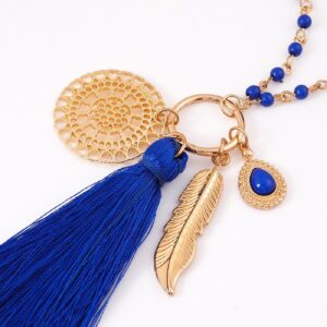 Long Necklaces Bohemia Tassel Leaf Teardrop Disk Circle Pendant necklace For Women Y Shaped Necklace Sets (Royal blue)