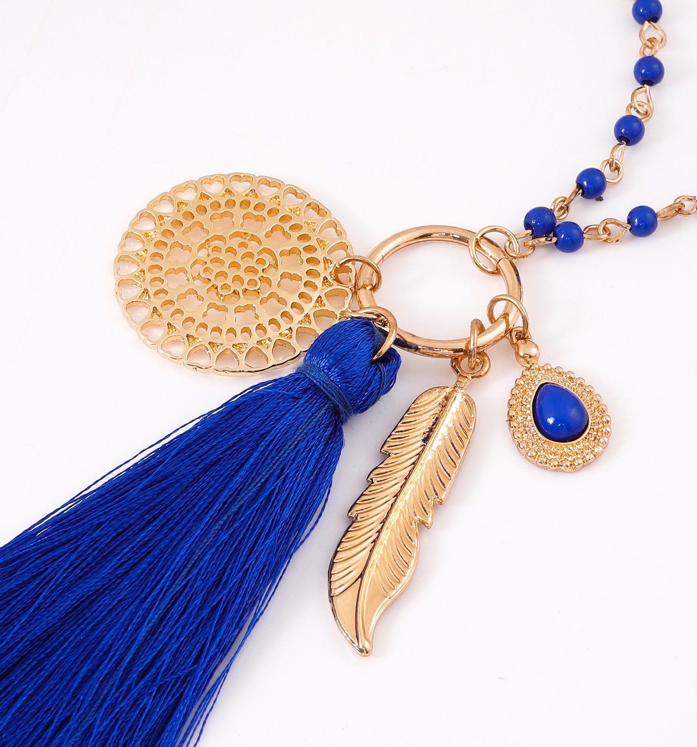 Long Necklaces Bohemia Tassel Leaf Teardrop Disk Circle Pendant necklace For Women Y Shaped Necklace Sets (Royal blue)