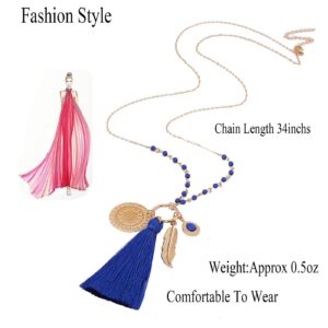 Long Necklaces Bohemia Tassel Leaf Teardrop Disk Circle Pendant necklace For Women Y Shaped Necklace Sets (Royal blue)