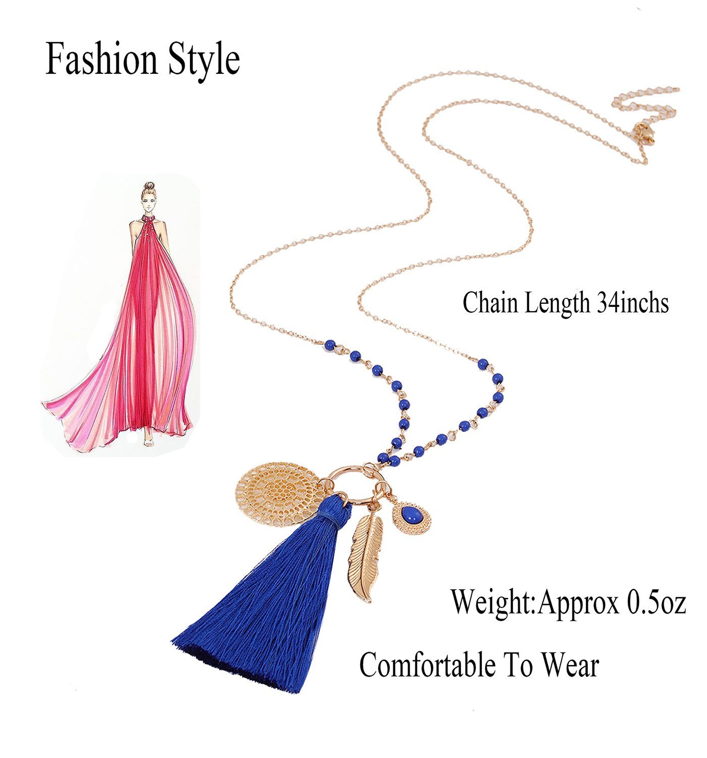 Long Necklaces Bohemia Tassel Leaf Teardrop Disk Circle Pendant necklace For Women Y Shaped Necklace Sets (Royal blue)