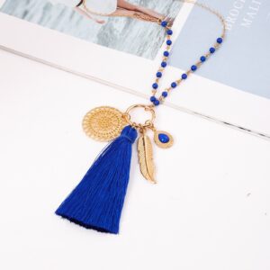 Long Necklaces Bohemia Tassel Leaf Teardrop Disk Circle Pendant necklace For Women Y Shaped Necklace Sets (Royal blue)