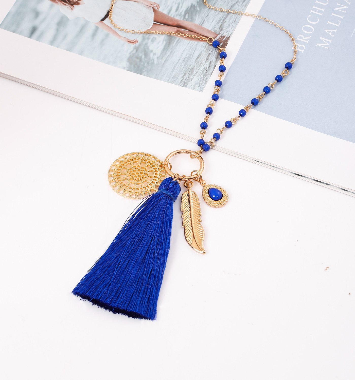 Long Necklaces Bohemia Tassel Leaf Teardrop Disk Circle Pendant necklace For Women Y Shaped Necklace Sets (Royal blue)