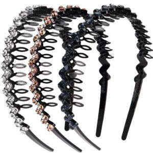 loneedy wave rhinestone and crystal teeth comb headbands for women, non-slip hard headbands (silver+gold+dark blue)