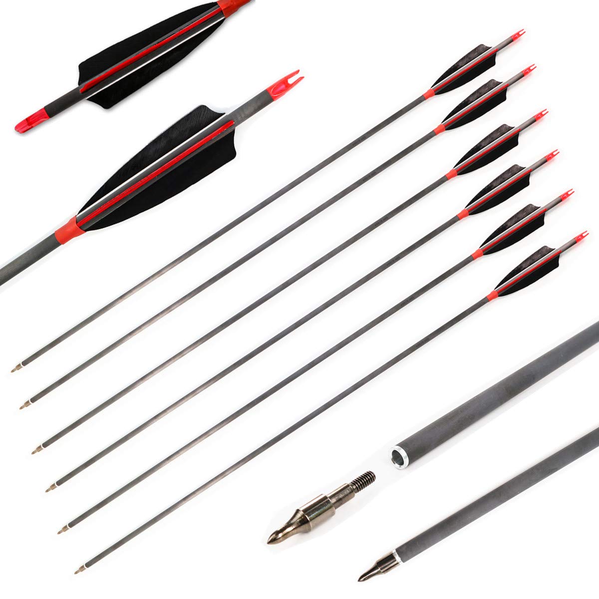 Letszhu Carbon Archery Arrows 500 Spine with Real Feathers for Compound Recurve Bow (12 Pack) (31 Inch Arrows)