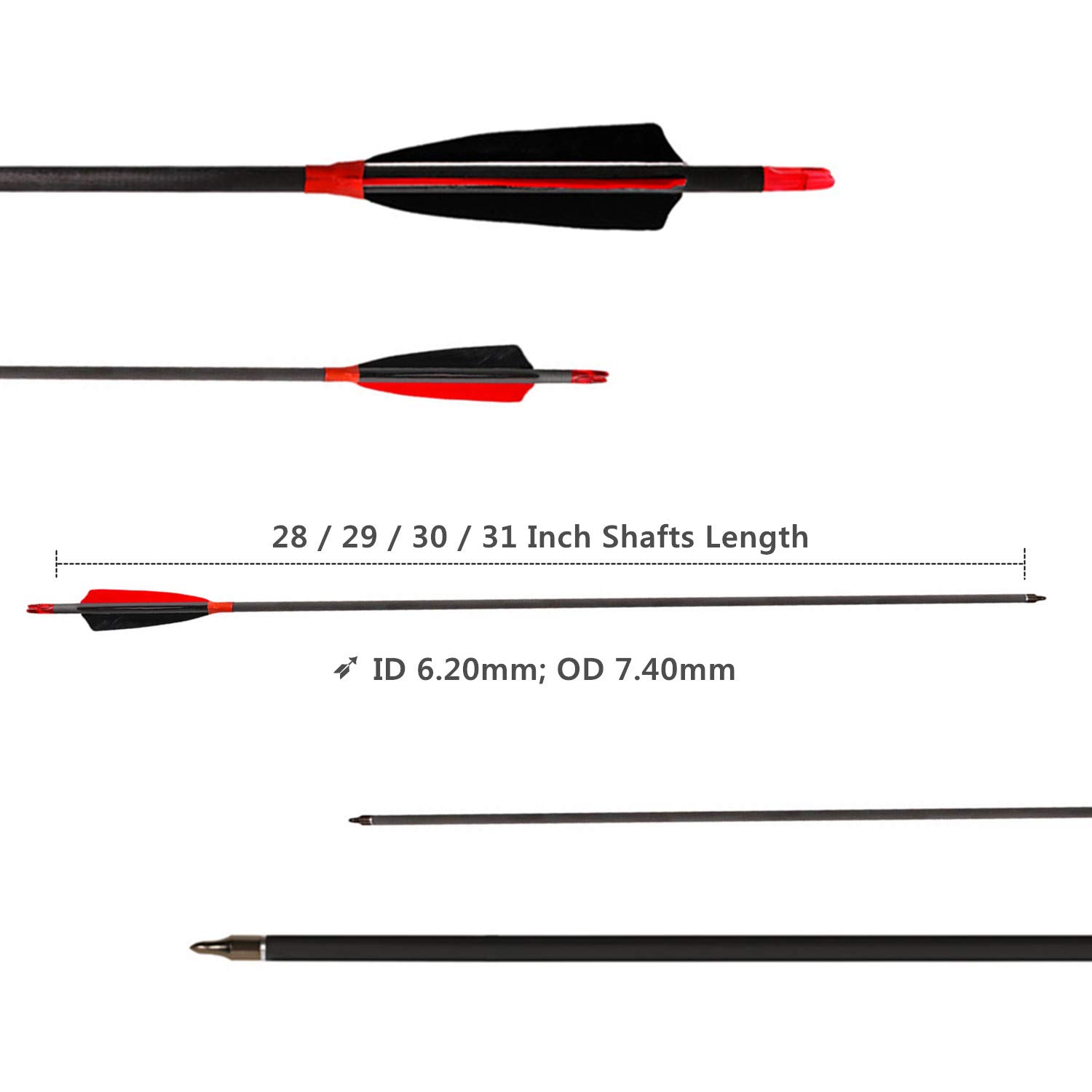 Letszhu Carbon Archery Arrows 500 Spine with Real Feathers for Compound Recurve Bow (12 Pack) (31 Inch Arrows)