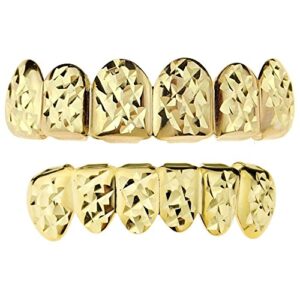 14k gold plated grillz set diamond-cut grill top & bottom 12 teeth hip hop grills