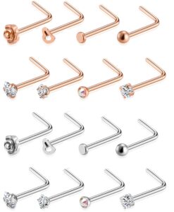 tornito 20g 16pcs stainless steel l shaped nose ring cz nose stud retainer labret nose piercing jewelry (a1:16pcs)