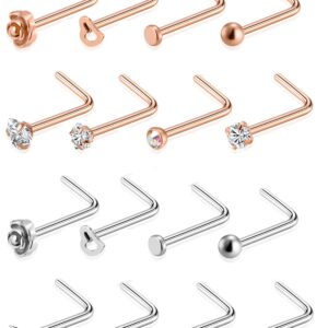 Tornito 20G 16Pcs Stainless Steel L Shaped Nose Ring CZ Nose Stud Retainer Labret Nose Piercing Jewelry (A1:16Pcs)