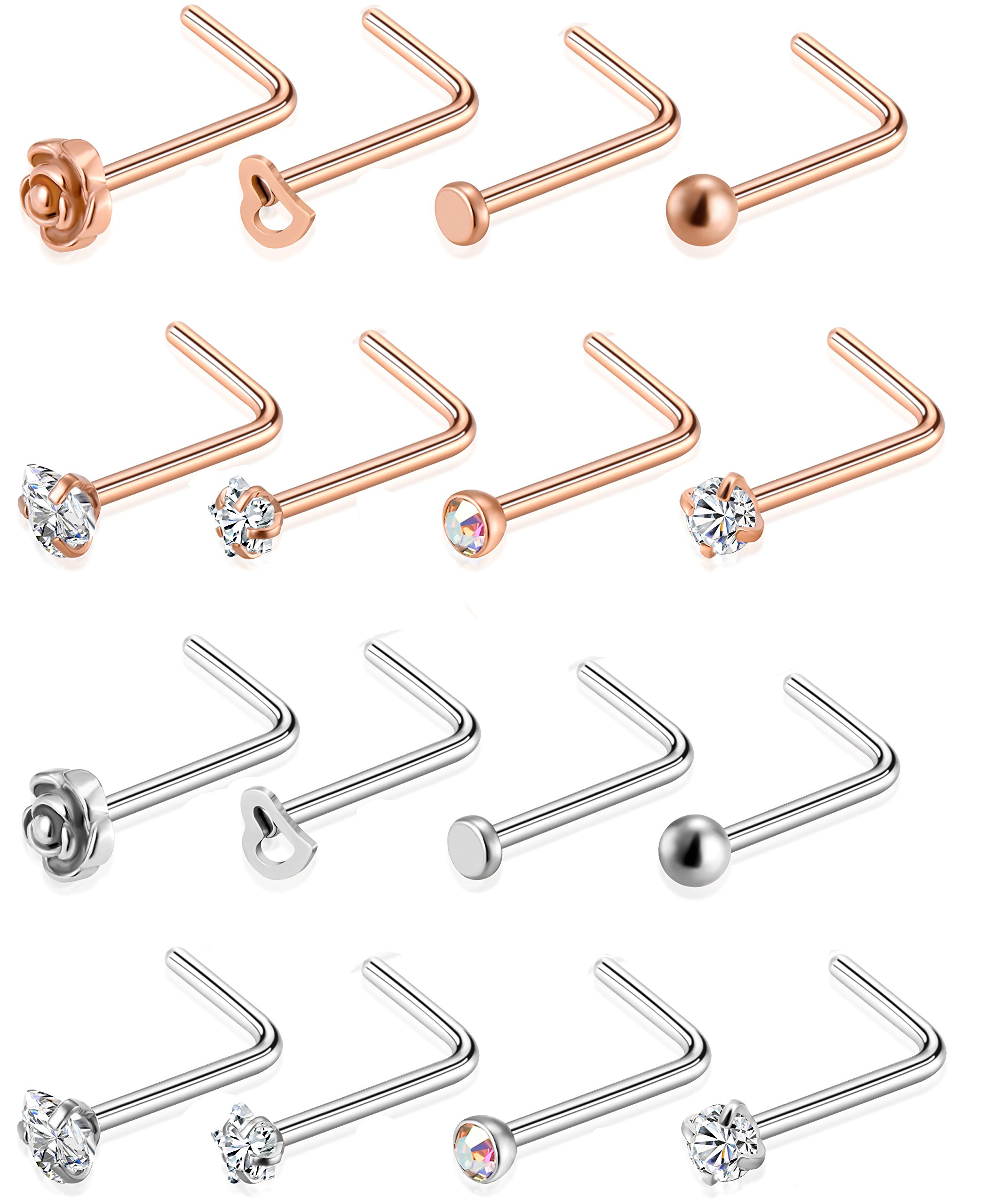 Tornito 20G 16Pcs Stainless Steel L Shaped Nose Ring CZ Nose Stud Retainer Labret Nose Piercing Jewelry (A1:16Pcs)