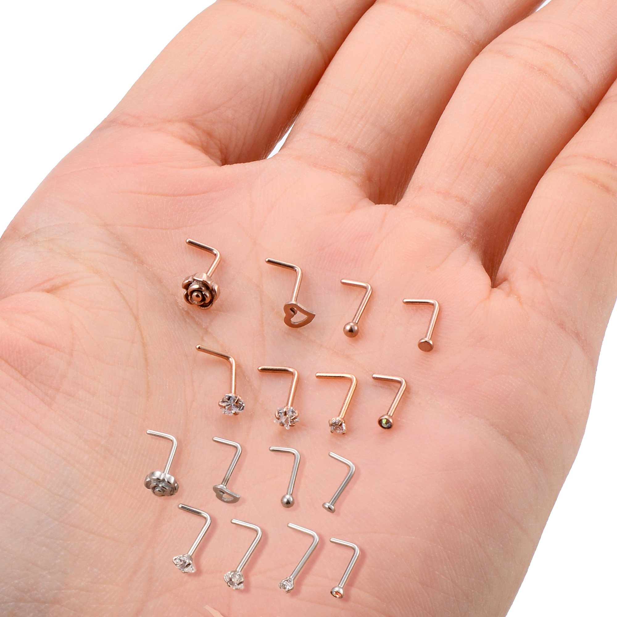 Tornito 20G 16Pcs Stainless Steel L Shaped Nose Ring CZ Nose Stud Retainer Labret Nose Piercing Jewelry (A1:16Pcs)