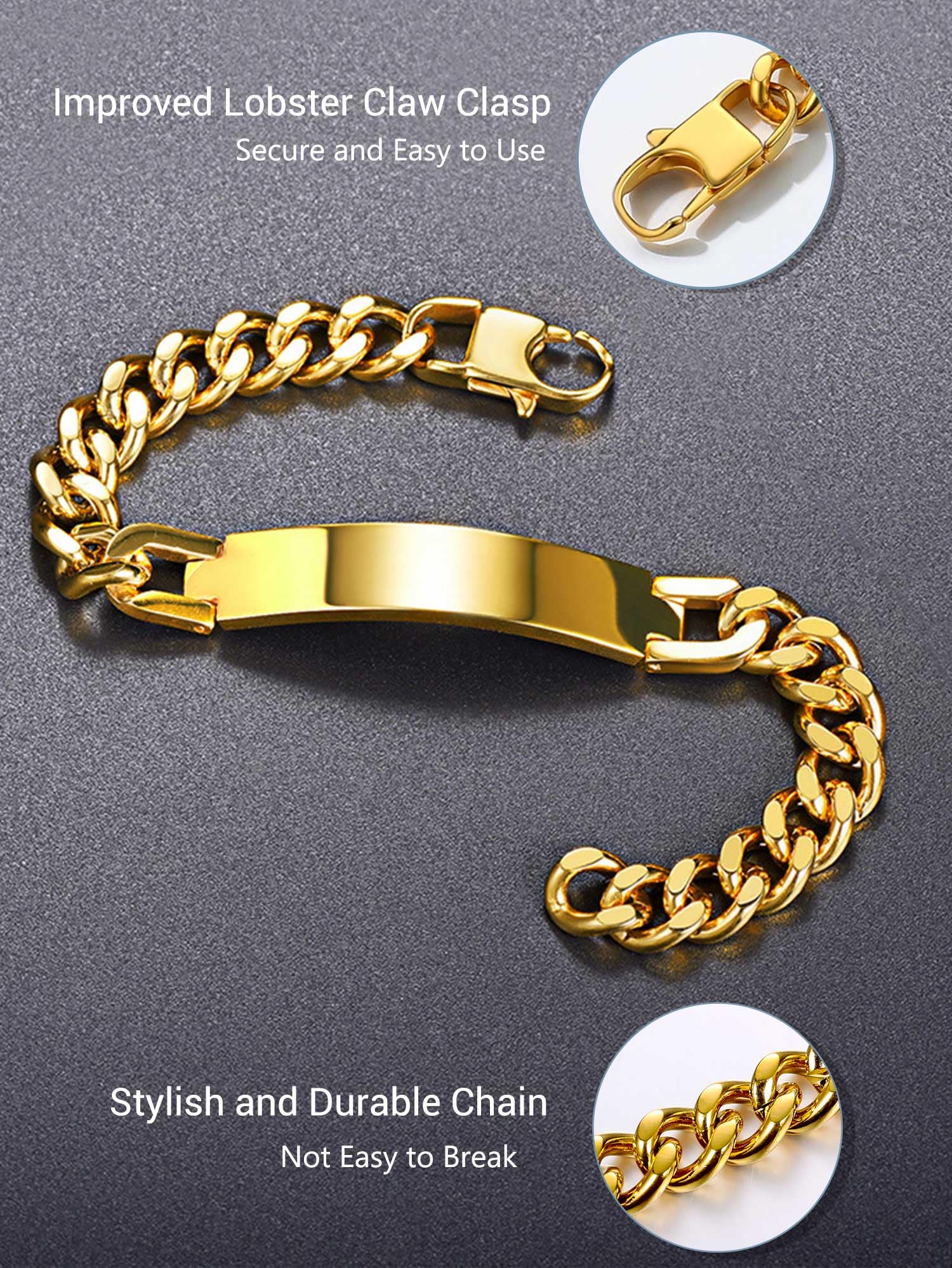 PROSTEEL Custom Name ID Bracelet 18K Gold Plated Stainless Steel Cuban Chain Women Personalized Engrave Bracelets for Men