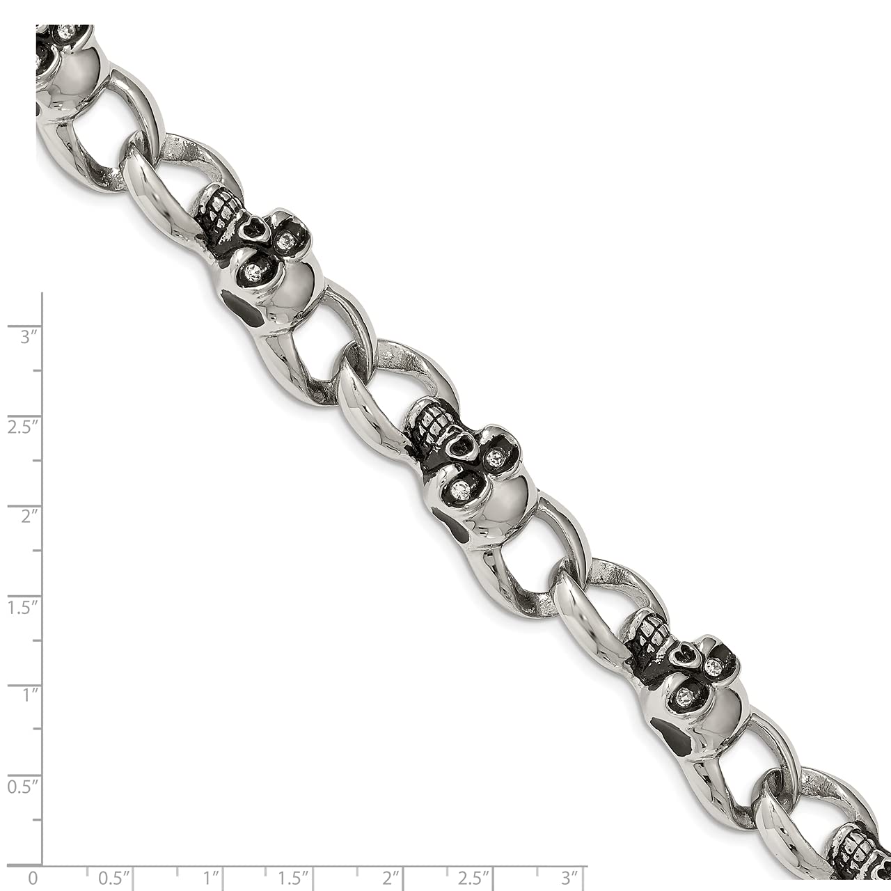 Lex & Lu Chisel Stainless Steel Polished and Oxidized w/CZ Skulls 9'' Bracelet