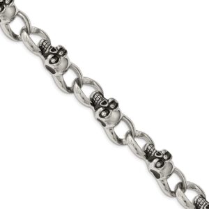 lex & lu chisel stainless steel polished and oxidized w/cz skulls 9'' bracelet