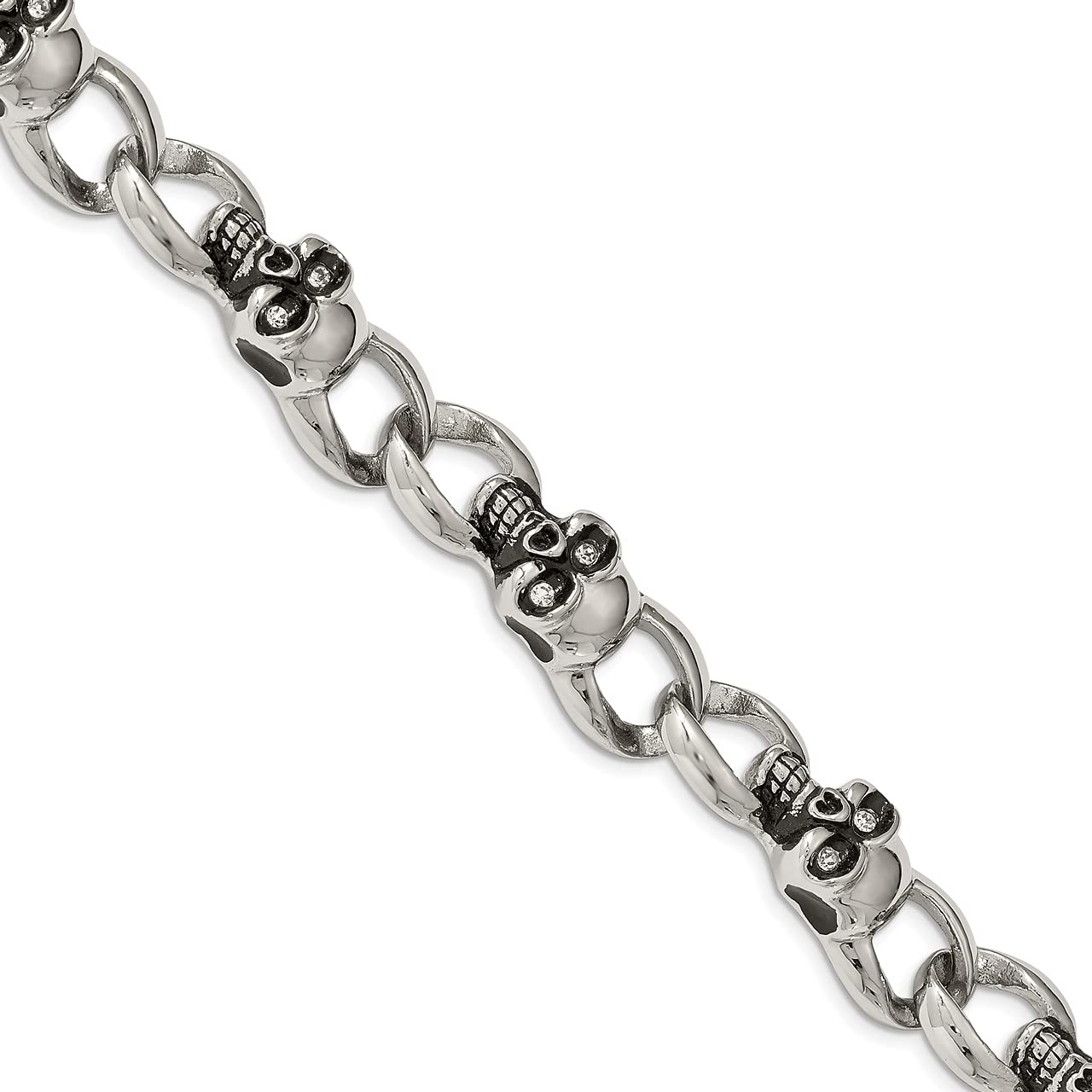 Lex & Lu Chisel Stainless Steel Polished and Oxidized w/CZ Skulls 9'' Bracelet