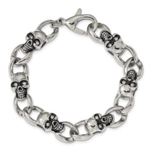 Lex & Lu Chisel Stainless Steel Polished and Oxidized w/CZ Skulls 9'' Bracelet