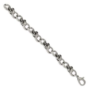 Lex & Lu Chisel Stainless Steel Polished and Oxidized w/CZ Skulls 9'' Bracelet