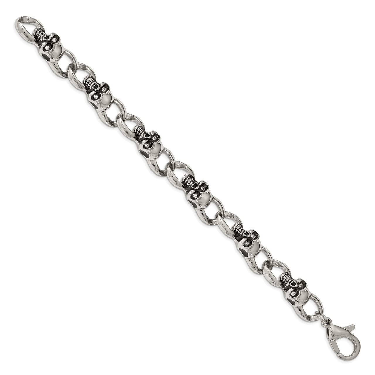 Lex & Lu Chisel Stainless Steel Polished and Oxidized w/CZ Skulls 9'' Bracelet