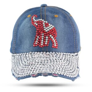 crimson rhinestone elephant distressed denim crystal bling baseball cap (adjustable)