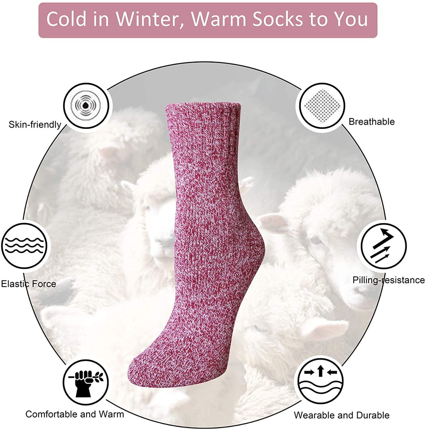 YSense 5 Pairs Womens Wool Socks Thick Knit Warm Winter Socks Cozy Comfy Socks Gifts for Women