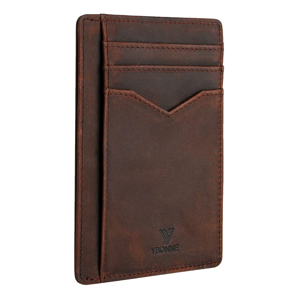 YBONNE Thin Front Pocket Wallet for Men and Women, RFID Blocking Card Holder, Made of Finest Genuine Leather (Brown)