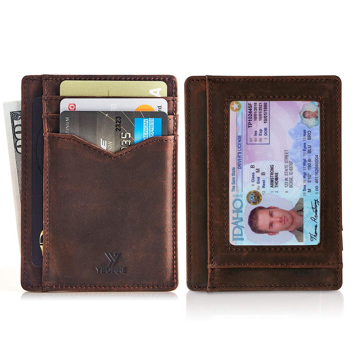 YBONNE Thin Front Pocket Wallet for Men and Women, RFID Blocking Card Holder, Made of Finest Genuine Leather (Brown)