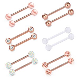 vcmart nipple rings tongue ring surgical steel nipplerings piercing women rose gold barbells 14g 6 pairs 5/8"