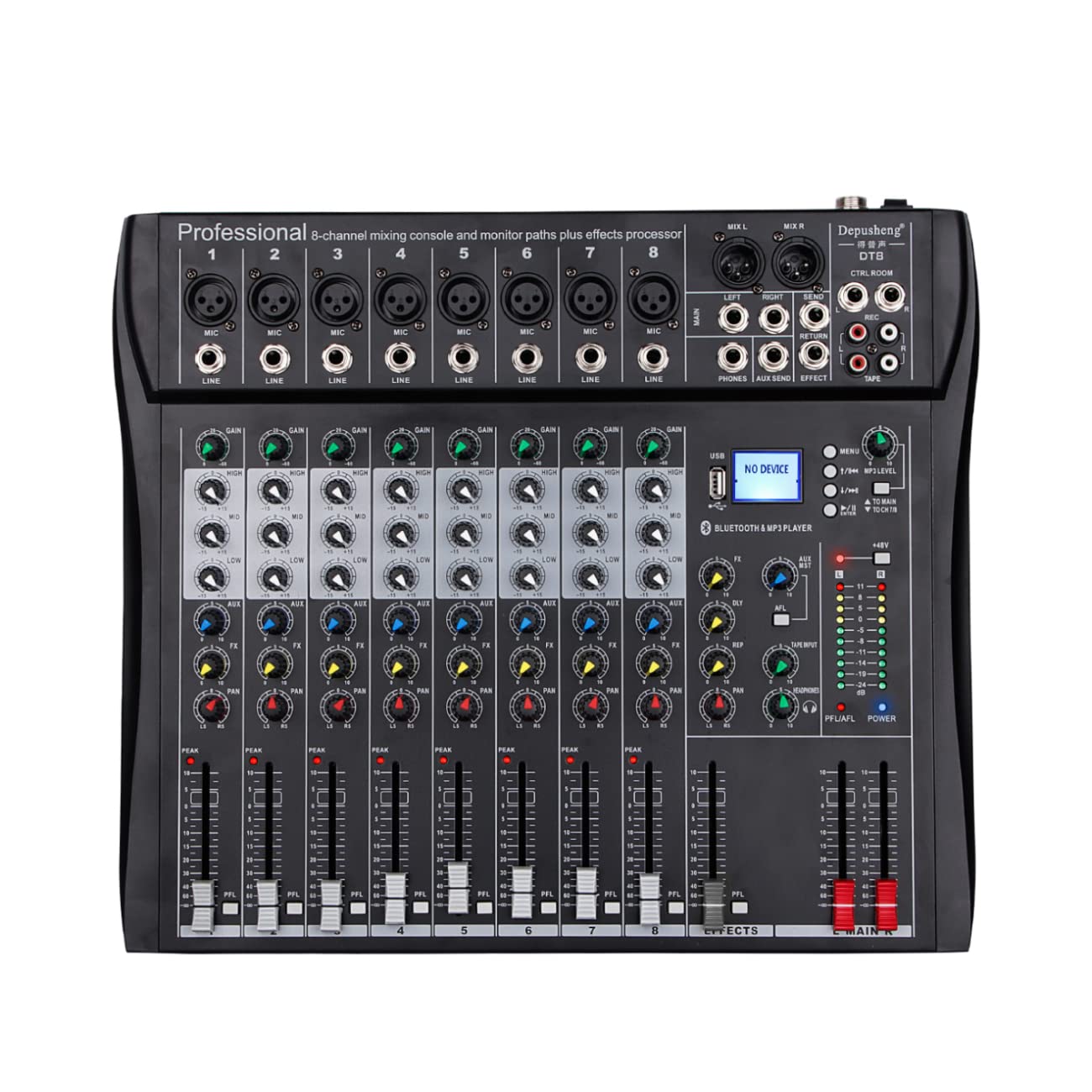 Depusheng DT8 Professional Mixer Sound Board Console 8 Channel Desk System Interface Digital USB Computer MP3 Input 48V Phantom Power Stereo DJ Studio FX Steel Chassis,Black