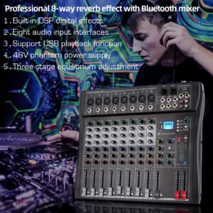 Depusheng DT8 Professional Mixer Sound Board Console 8 Channel Desk System Interface Digital USB Computer MP3 Input 48V Phantom Power Stereo DJ Studio FX Steel Chassis,Black