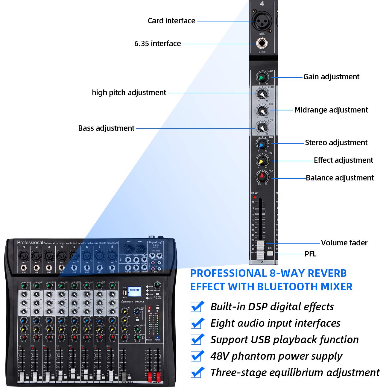 Depusheng DT8 Professional Mixer Sound Board Console 8 Channel Desk System Interface Digital USB Computer MP3 Input 48V Phantom Power Stereo DJ Studio FX Steel Chassis,Black