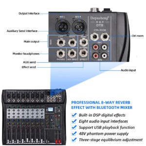 Depusheng DT8 Professional Mixer Sound Board Console 8 Channel Desk System Interface Digital USB Computer MP3 Input 48V Phantom Power Stereo DJ Studio FX Steel Chassis,Black