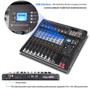 Depusheng DT8 Professional Mixer Sound Board Console 8 Channel Desk System Interface Digital USB Computer MP3 Input 48V Phantom Power Stereo DJ Studio FX Steel Chassis,Black