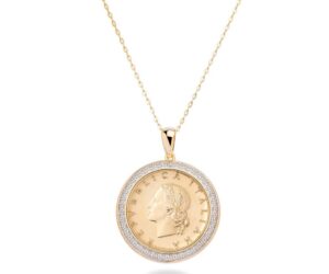 miabella 18k gold over 925 sterling silver diamond accent genuine italian 20 lira coin medallion 18 inch chain pendant necklace for women (yellow gold plated silver)