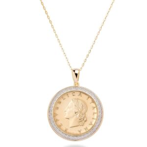 Miabella 18K Gold over 925 Sterling Silver Diamond Accent Genuine Italian 20 Lira Coin Medallion 18 Inch Chain Pendant Necklace for Women (yellow gold plated silver)