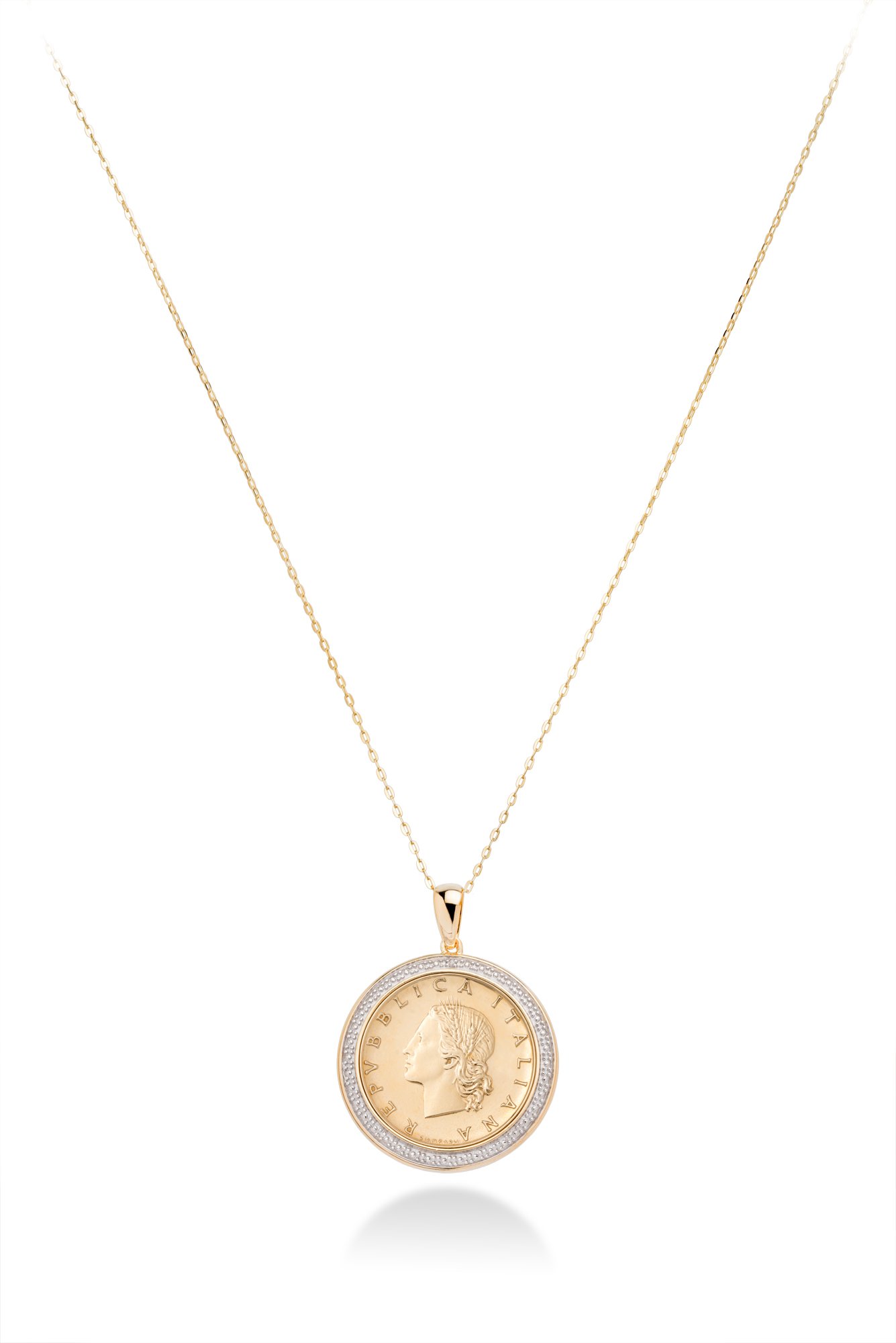 Miabella 18K Gold over 925 Sterling Silver Diamond Accent Genuine Italian 20 Lira Coin Medallion 18 Inch Chain Pendant Necklace for Women (yellow gold plated silver)