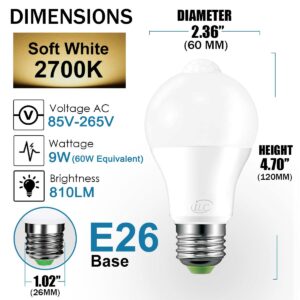 HEKEE Motion Sensor LED Light Bulb 9W A19 PIR Built-in IR 60W Equivalent Bright 810 Lumens E26 Base Warm White Bulbs (2 Packs)