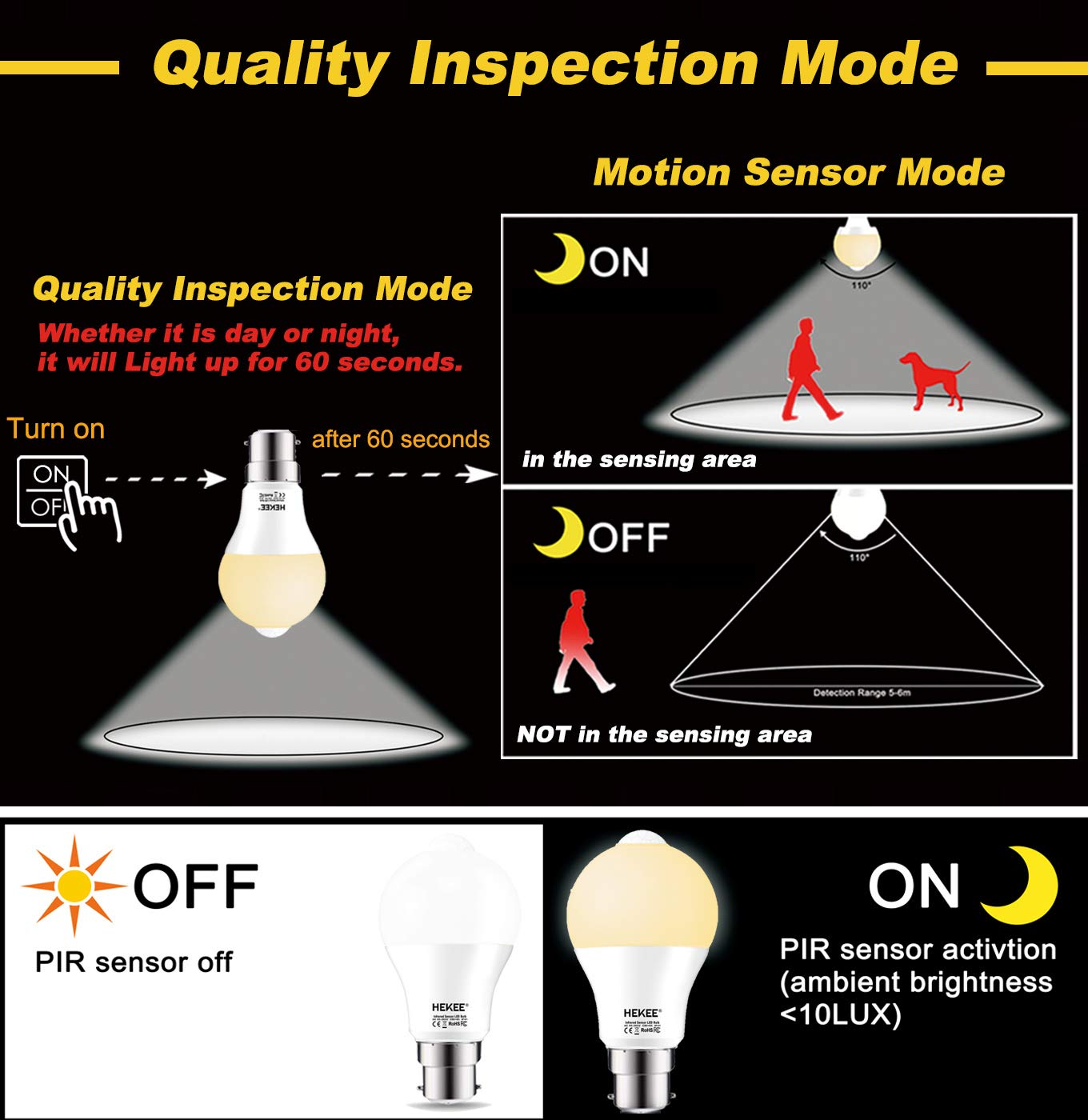 HEKEE Motion Sensor LED Light Bulb 9W A19 PIR Built-in IR 60W Equivalent Bright 810 Lumens E26 Base Warm White Bulbs (2 Packs)