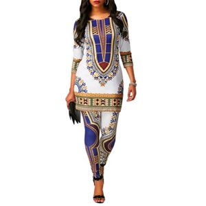 cnfaclu women's ethnic african print ethinc floral tunic top shirt dress and long pants set tribal suits 2 pieces outfit white xl