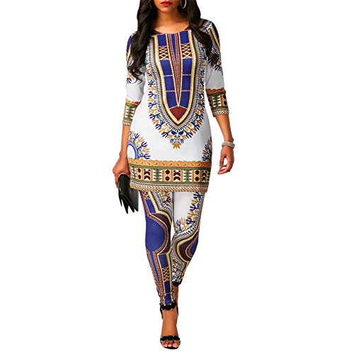 cnFaClu Women's Ethnic African Print Ethinc Floral Tunic Top Shirt Dress and Long Pants Set Tribal Suits 2 Pieces Outfit White XL