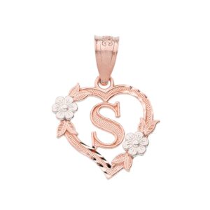 calirosejewelry 14k beautiful two-tone initial heart pendant for women in rose and white gold - letter s